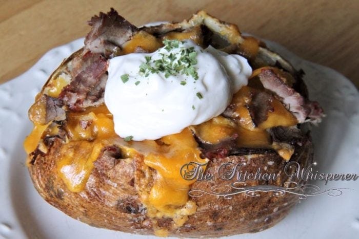 Cheesy Shaved Beef Stuffed Baked Potatoes - The Kitchen Whisperer