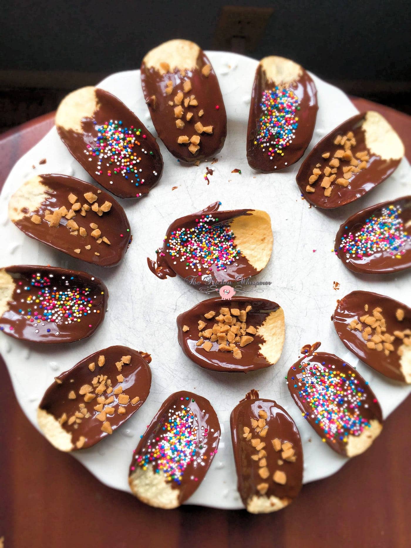 Chocolate Dipped Pringles coated with Crispy Bacon, Toffee and Sprinkles