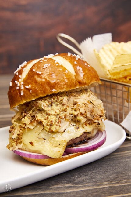 The Best Grilled German Bratwurst Burgers Stuffed With Cheese & Sauerkraut