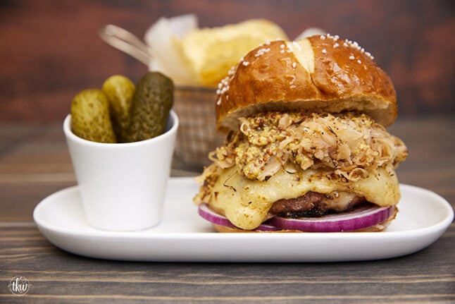 The Best Grilled German Bratwurst Burgers Stuffed With Cheese & Sauerkraut